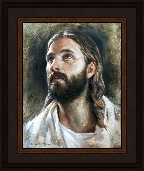 Painting of jesus christ dressed in white gazing upwards against a dark ...